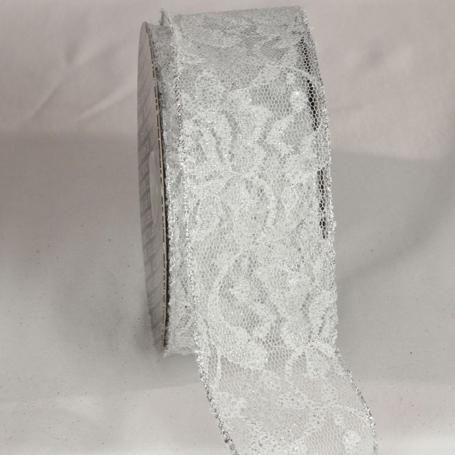 Silver Flowers Lacy Wired Craft Ribbon 2.5" x 20 Yards - Tanga